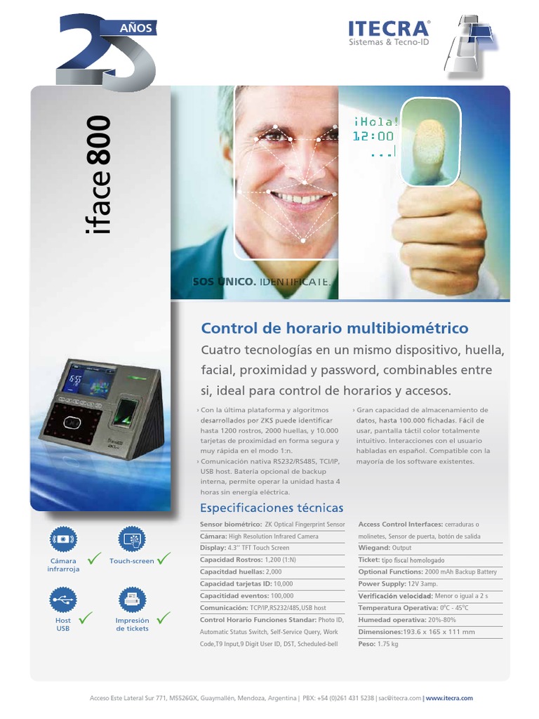Ficha Técnica IFace 800 Biométrico Facial | PDF | Áreas de informática ...