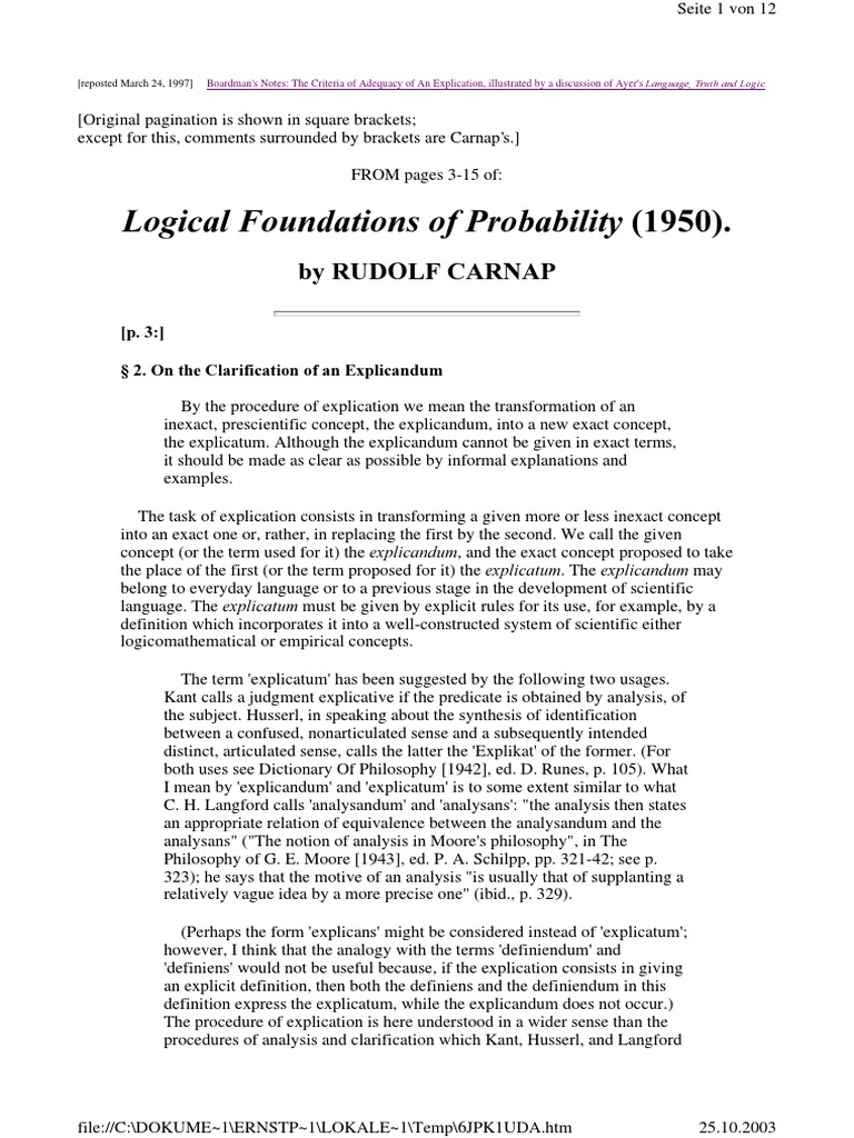 Carnap, Rudolf - Logical Foundations of Probability PDF | PDF