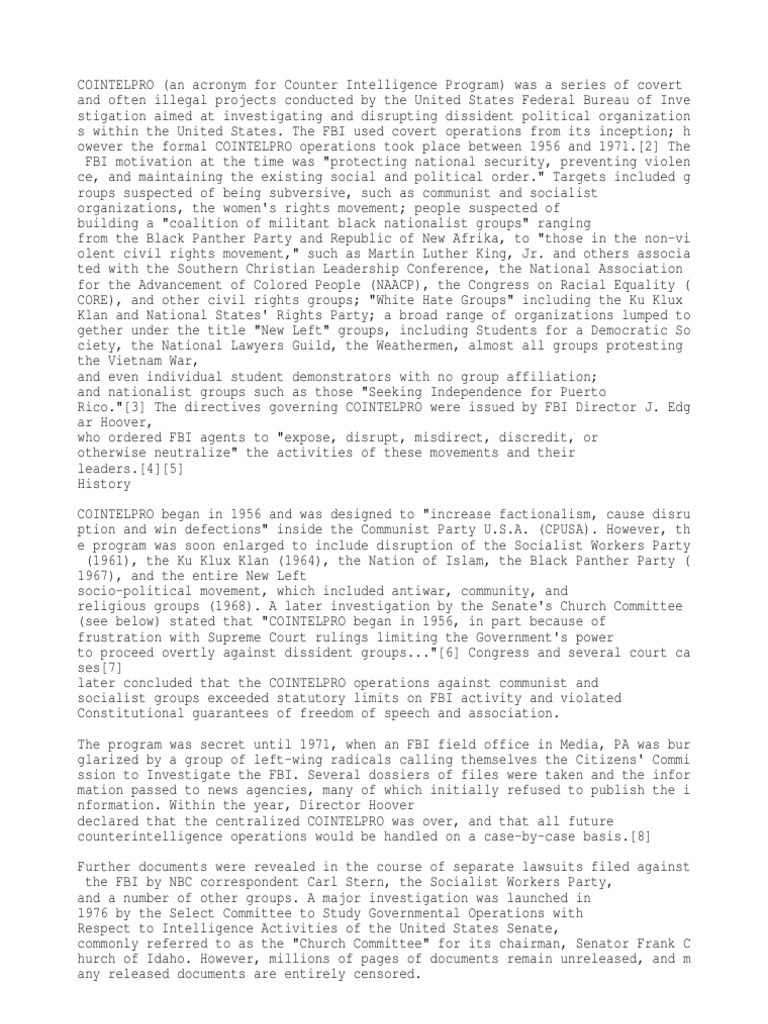 Cointelpro:The FBI's Secret Counter Intelligence Program | PDF | Public ...