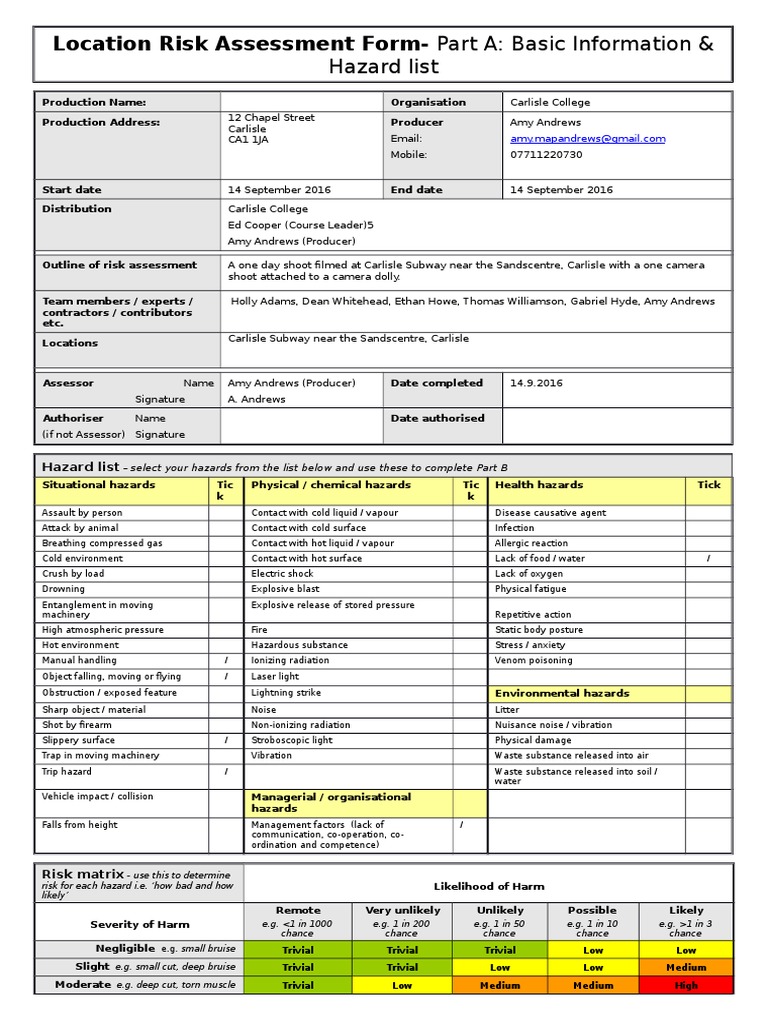 Location Risk Assessment Form-Part A: Basic Information &: Hazard List ...
