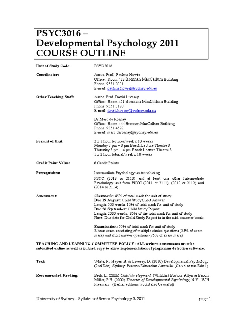 Psyc3016 - Developmental Psychology 2011 Course Outline: Brennan ...