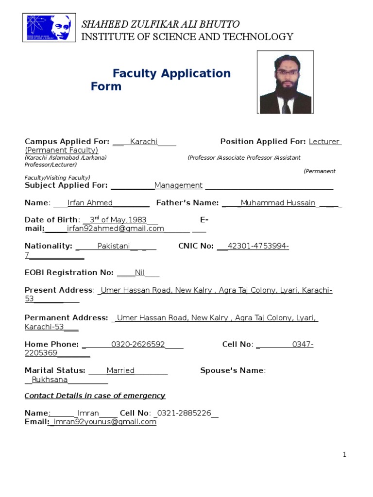 Faculty Application Form: SH Shaheed Zulfikar Ali Bhutto Institute of Science and Technology ...