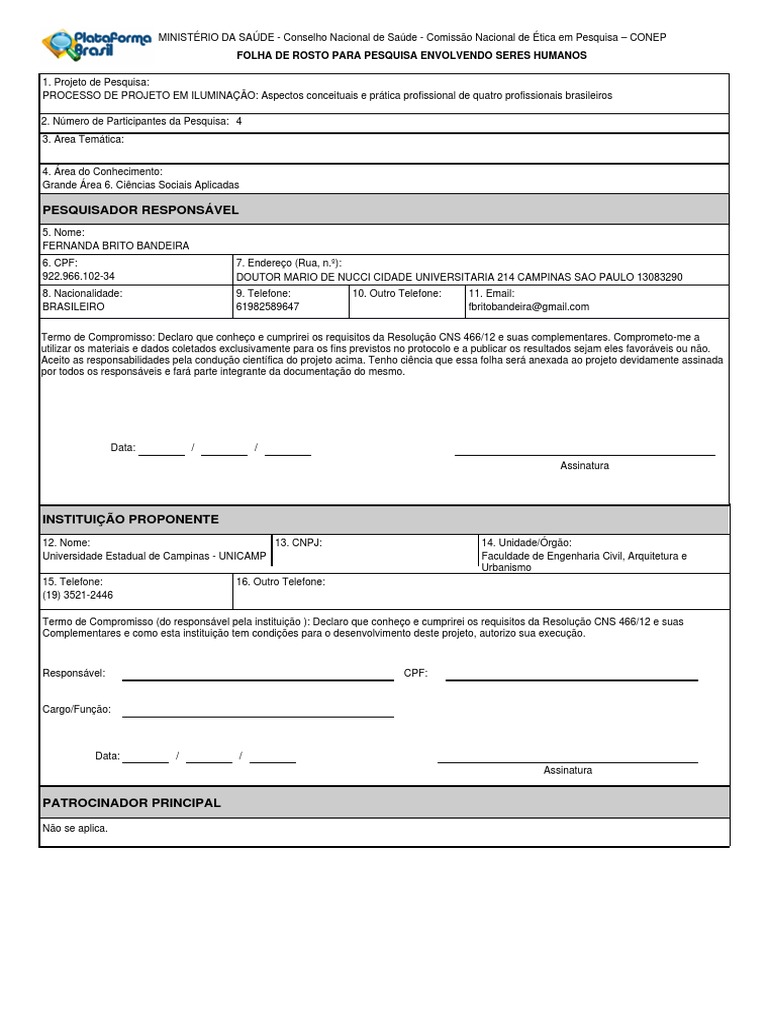 folha De Rosto modelo Plataforma Brasil | Ciência | Ciência (Geral)