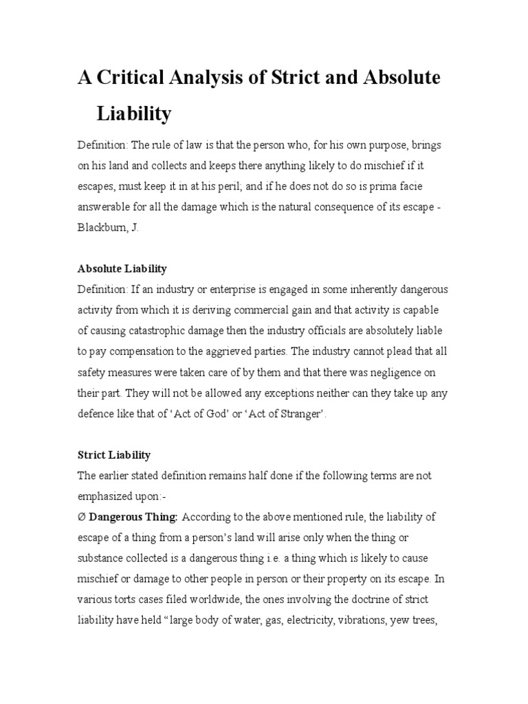 Strict vs. Absolute Liability Explained | PDF | Negligence | Strict ...