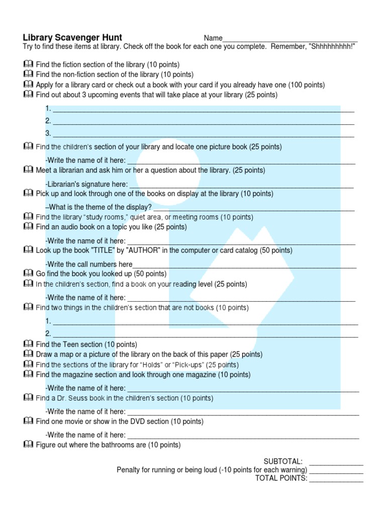 Public Library-Scavenger-Hunt-List | PDF | Libraries | Library And Museum