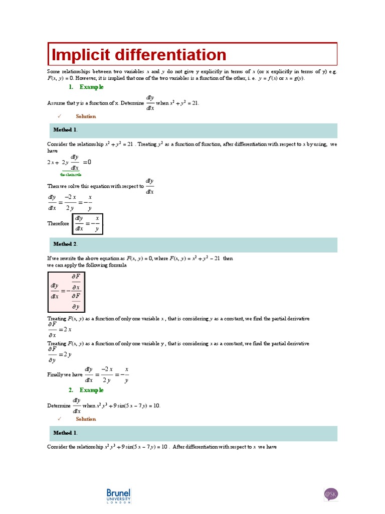Implicit Differentiation: 1. Example | PDF | Derivative | Equations
