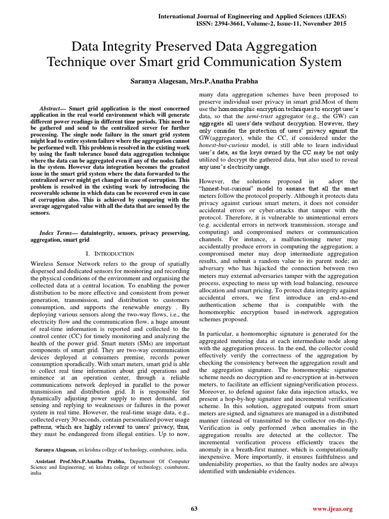 Data Integrity Preserved Data Aggregation Technique Over Smart Grid Communication System | PDF ...
