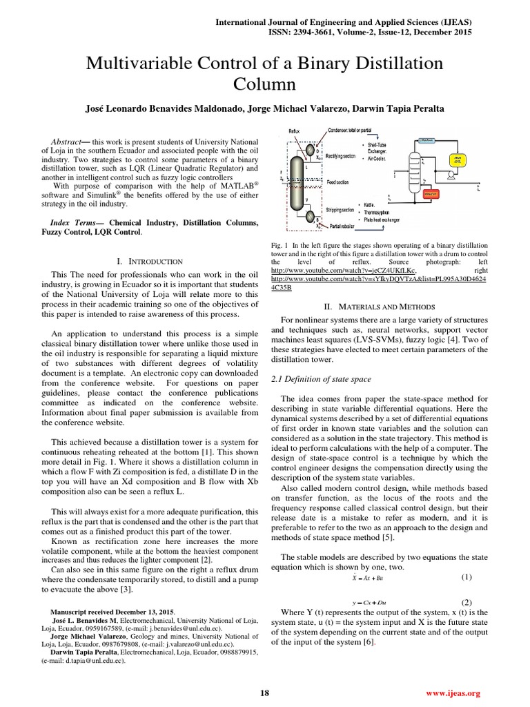 Multivariable Control Of A Binary Distillation Column Pdf Distillation Fuzzy Logic