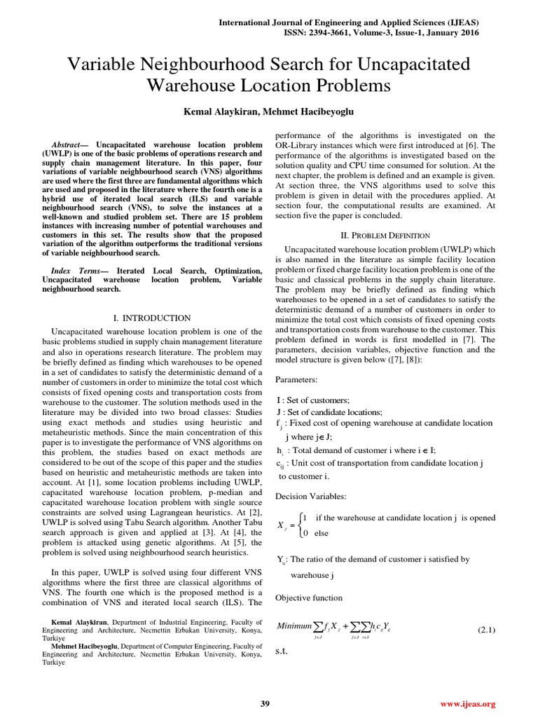 Variable Neighbourhood Search For Uncapacitated Warehouse Location Problems | PDF ...