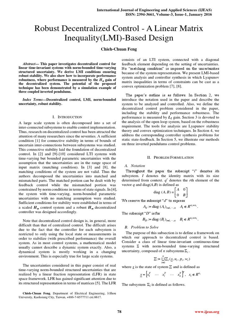 Robust Decentralized Control - A Linear Matrix Inequality (LMI) - Based ...