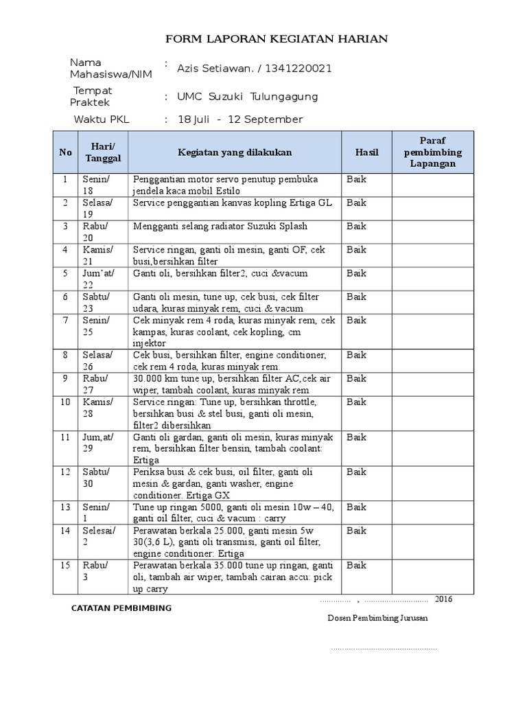 Form Kegiatan Harian 16-2-1 | PDF