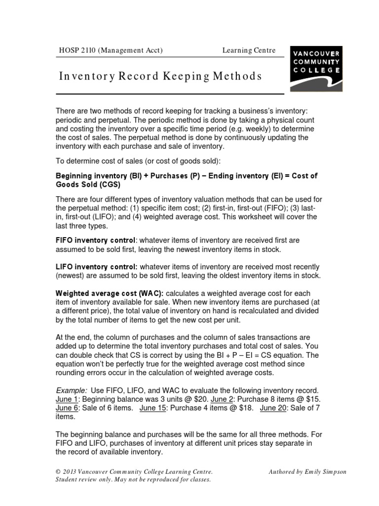 Inventory Record Keeping Methods: Example: Use FIFO, LIFO, and WAC To ...