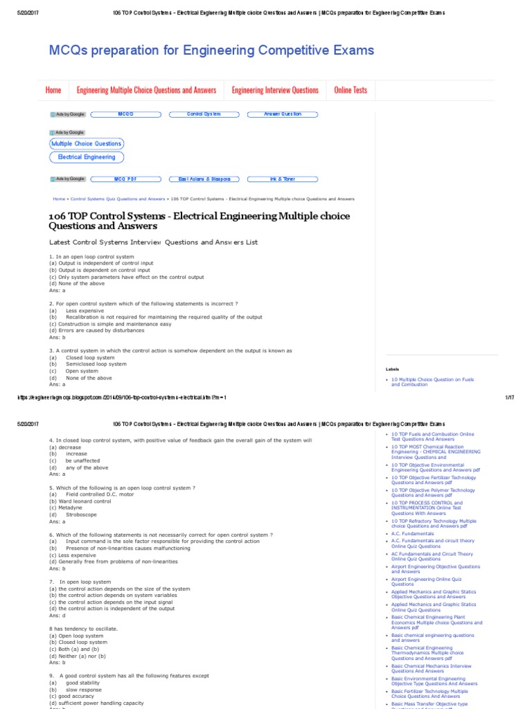 106 TOP Control Systems - Electrical Engineering Multiple Choice Questions and Answers - MCQs ...