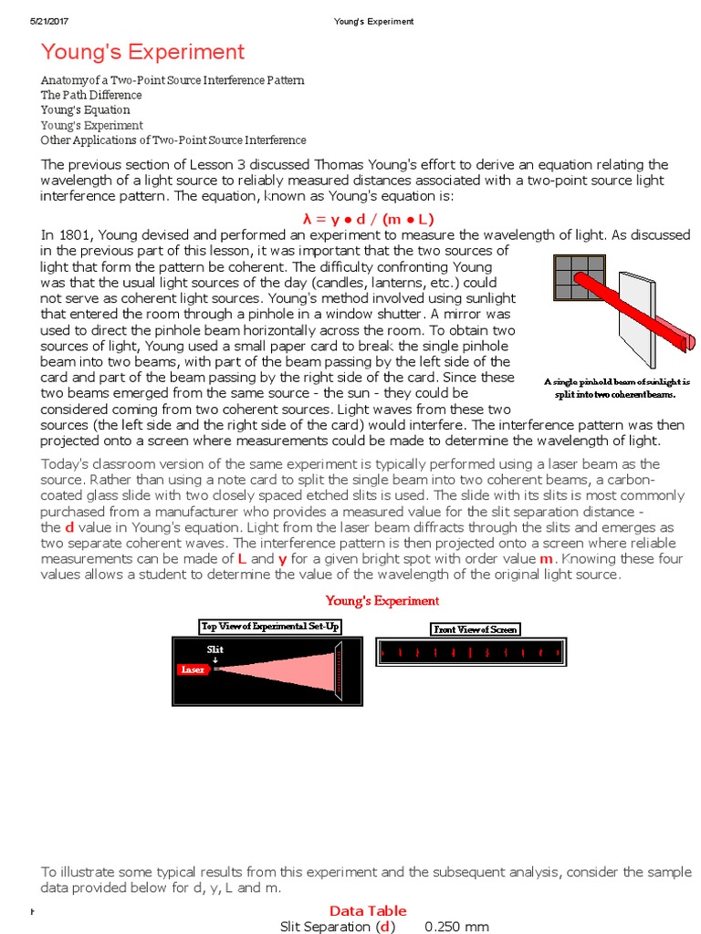 Young's Experiment: λ = y - d / (m - L) | PDF | Coherence (Physics ...