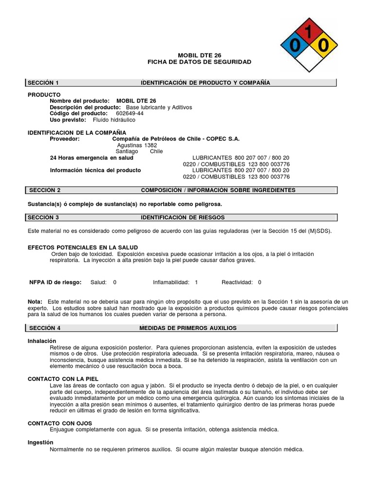 Ficha de Seguridad Mobil DTE 26 | PDF | Guante | Lubricante
