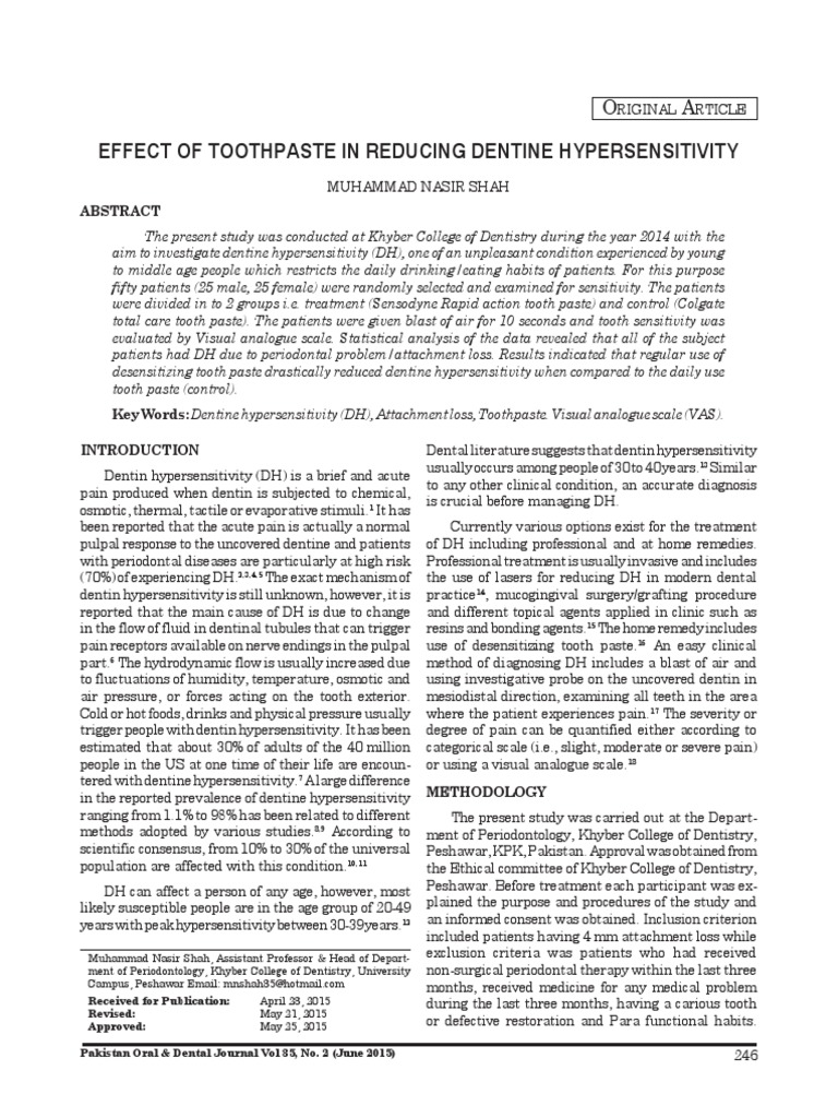 Effect of Toothpaste in Reducing Dentine Hypersensitivity: Riginal ...