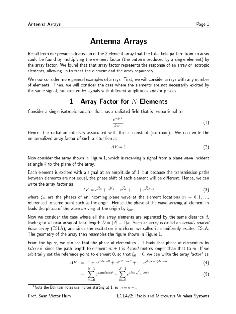 Antenna Arrays: 1 Array Factor For N Elements | PDF | Antenna (Radio ...