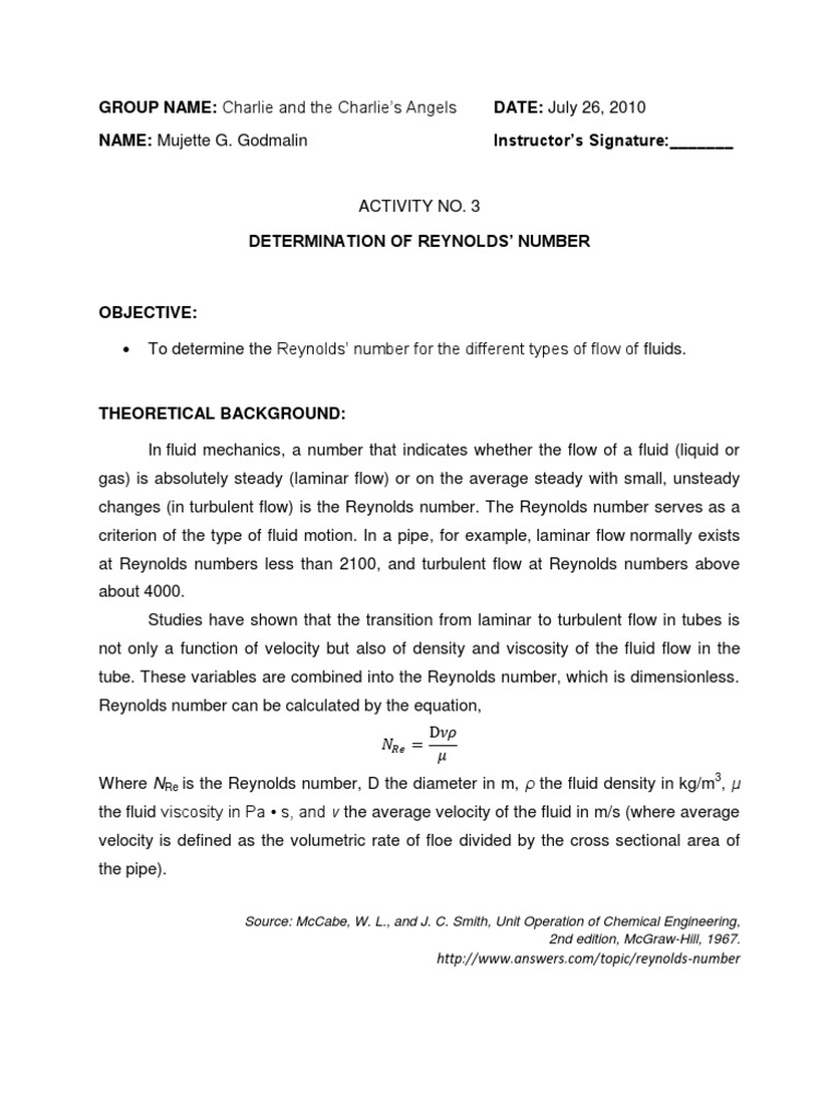 Determining Reynolds Number in Fluids | PDF | Reynolds Number | Fluid ...