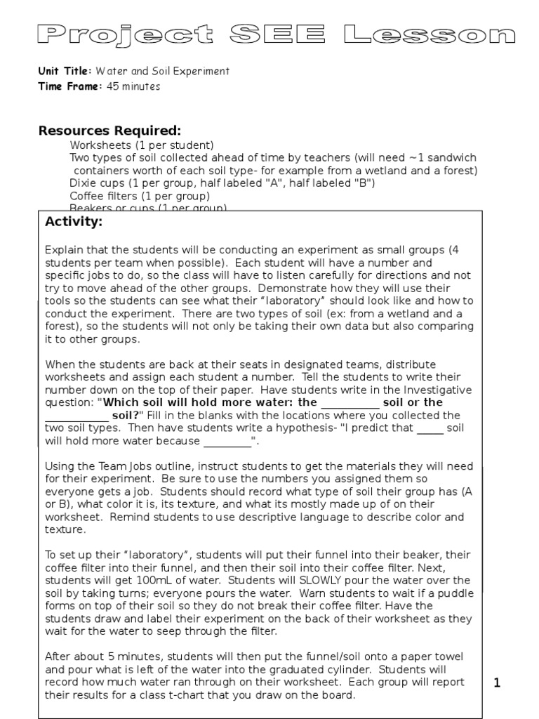 Water and Soil Lesson Plan | Download Free PDF | Soil | Experiment