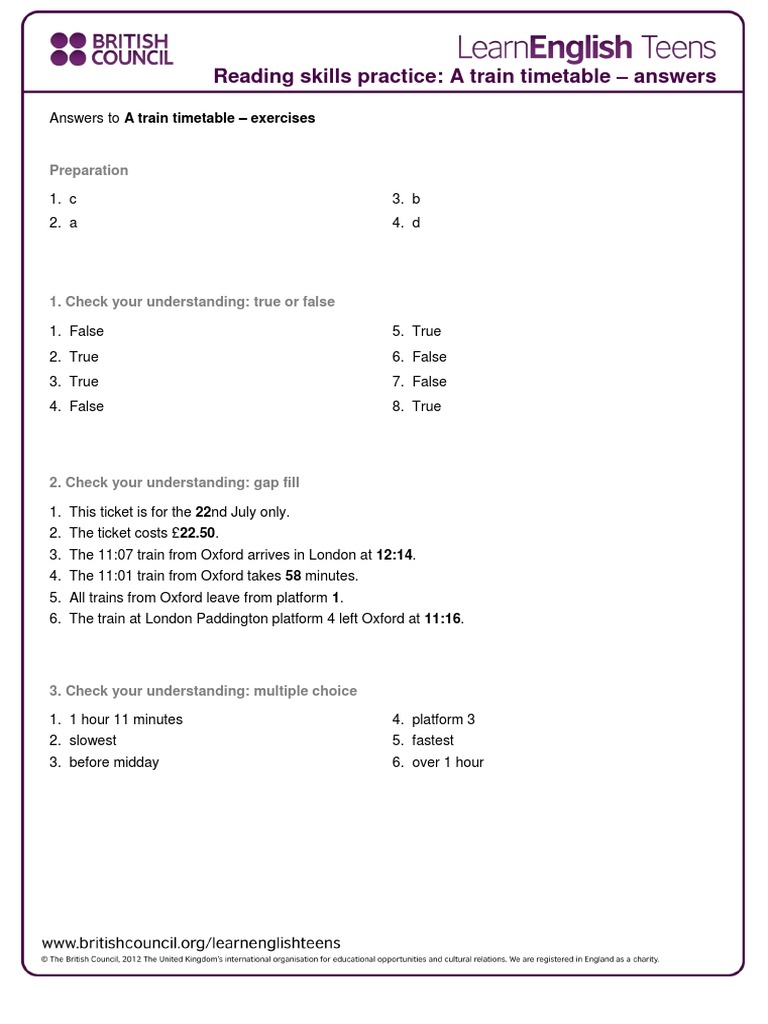 Reading Skills Practice: A Train Timetable - Answers: Preparation | PDF