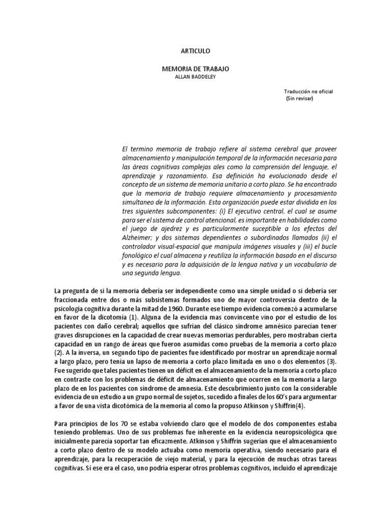Memoria Operativa Allan Baddeley | PDF | Memoria | Memoria de trabajo