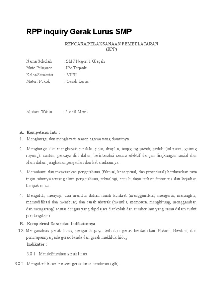 RPP Inquiry Gerak Lurus SMP | PDF