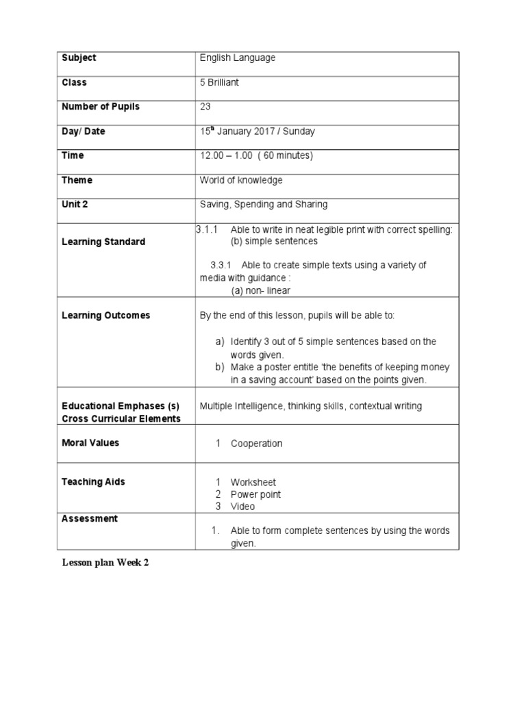 Lesson Plan Week 2 | PDF | Lesson Plan | Teachers