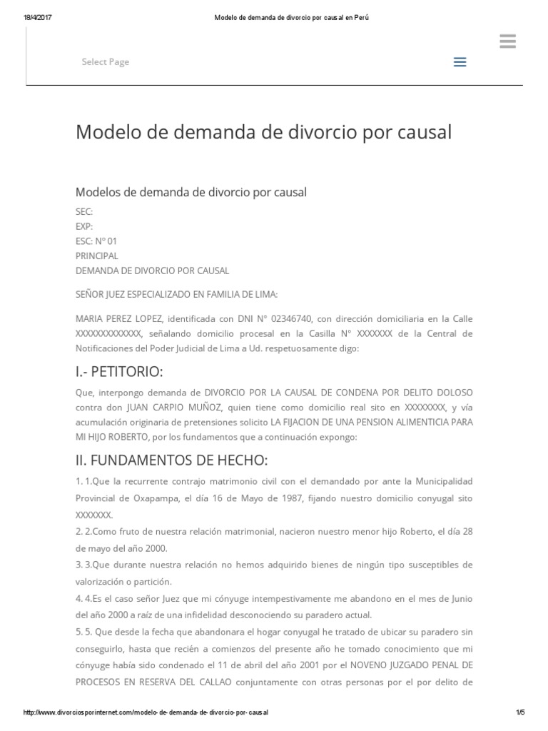 Modelo de demanda de divorcio por causal: I.-Petitorio