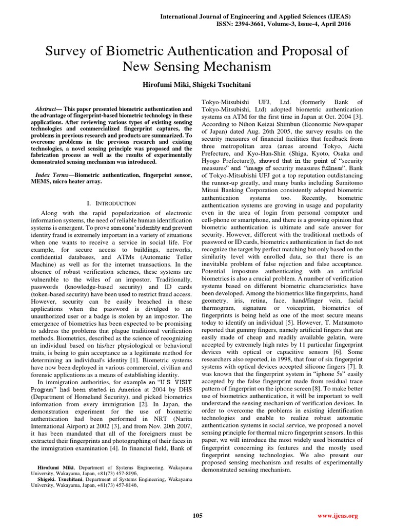 Survey of Biometric Authentication and Proposal of New Sensing ...