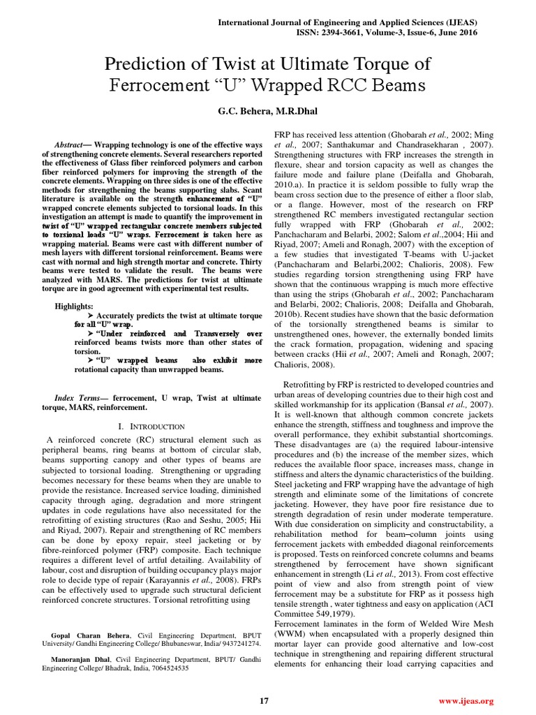 Prediction of Twist at Ultimate Torque of Ferrocement "U" Wrapped RCC Beams | PDF | Fibre ...