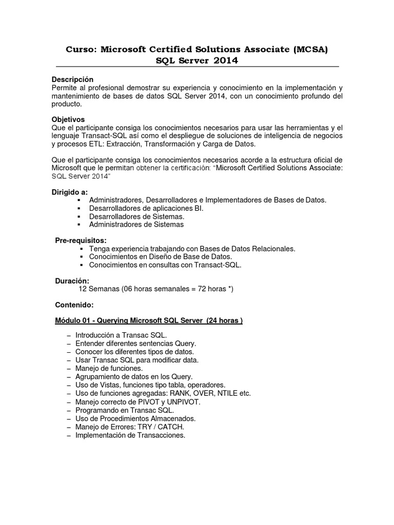 Curso MCSA - SQL Server 2014 PDF | PDF | Servidor SQL de Microsoft | SQL