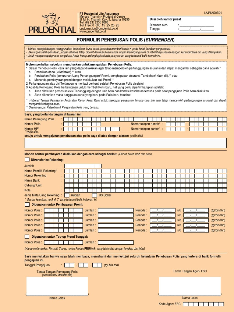 5 +Formulir+Penebusan+Polis+ (Surrender) PDF | PDF | Bisnis | Pengelolaan Keuangan & Uang