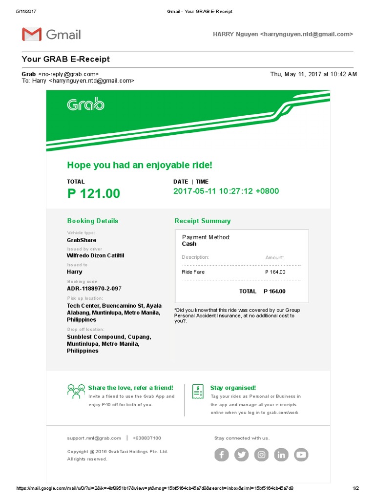 Gmail - Your GRAB E-Receipt (1) | Service Industries | Business