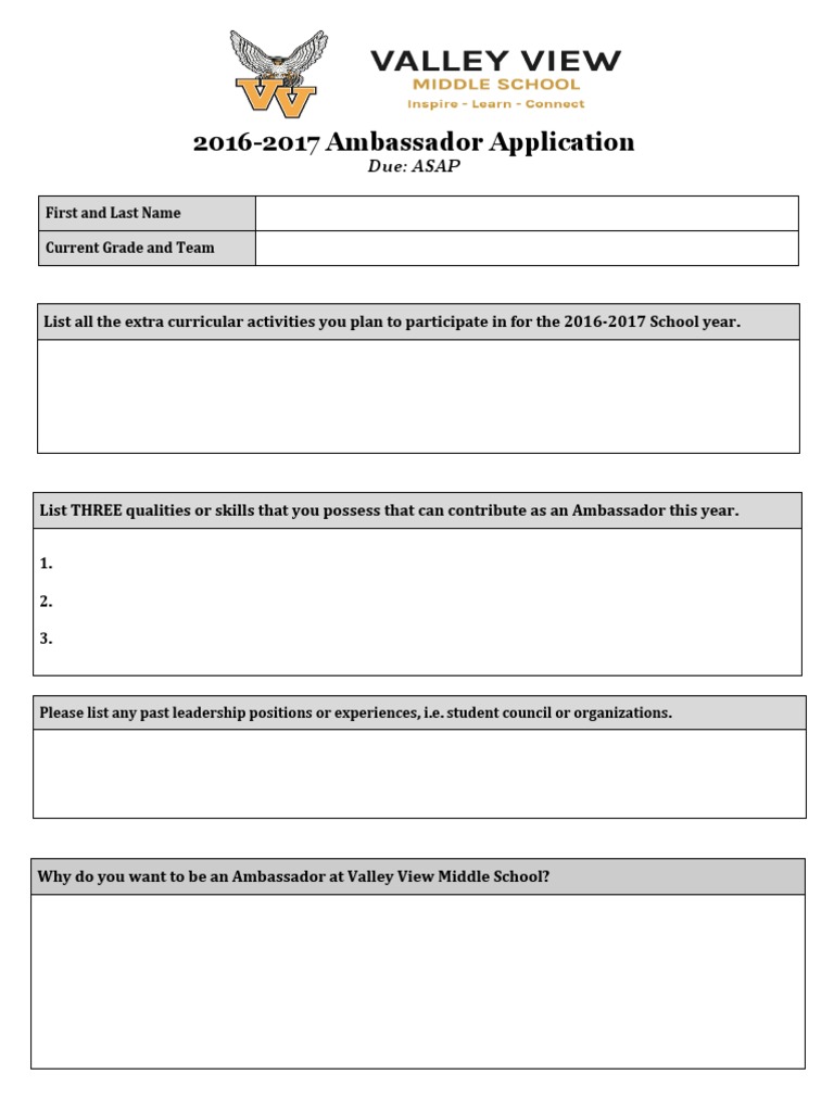 2016 2017 Ambassador App Notes Pdf Leadership Teachers