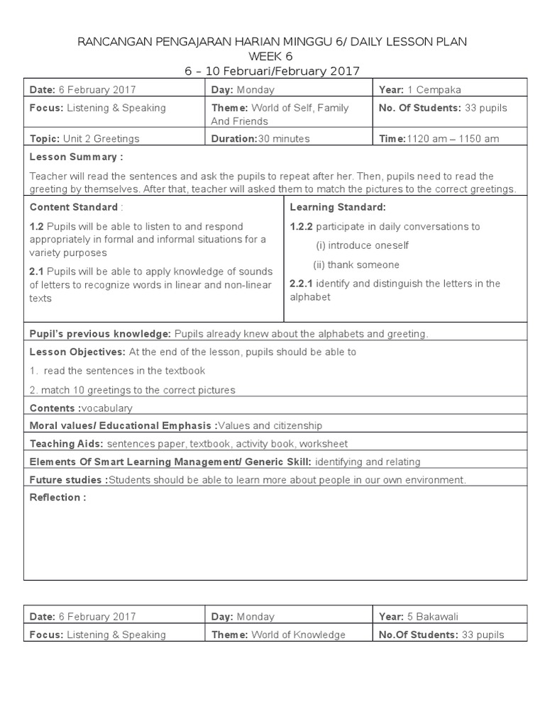 Lesson Plan Baru Agik Minggu 6 2017 | PDF | Lesson Plan | Linguistics