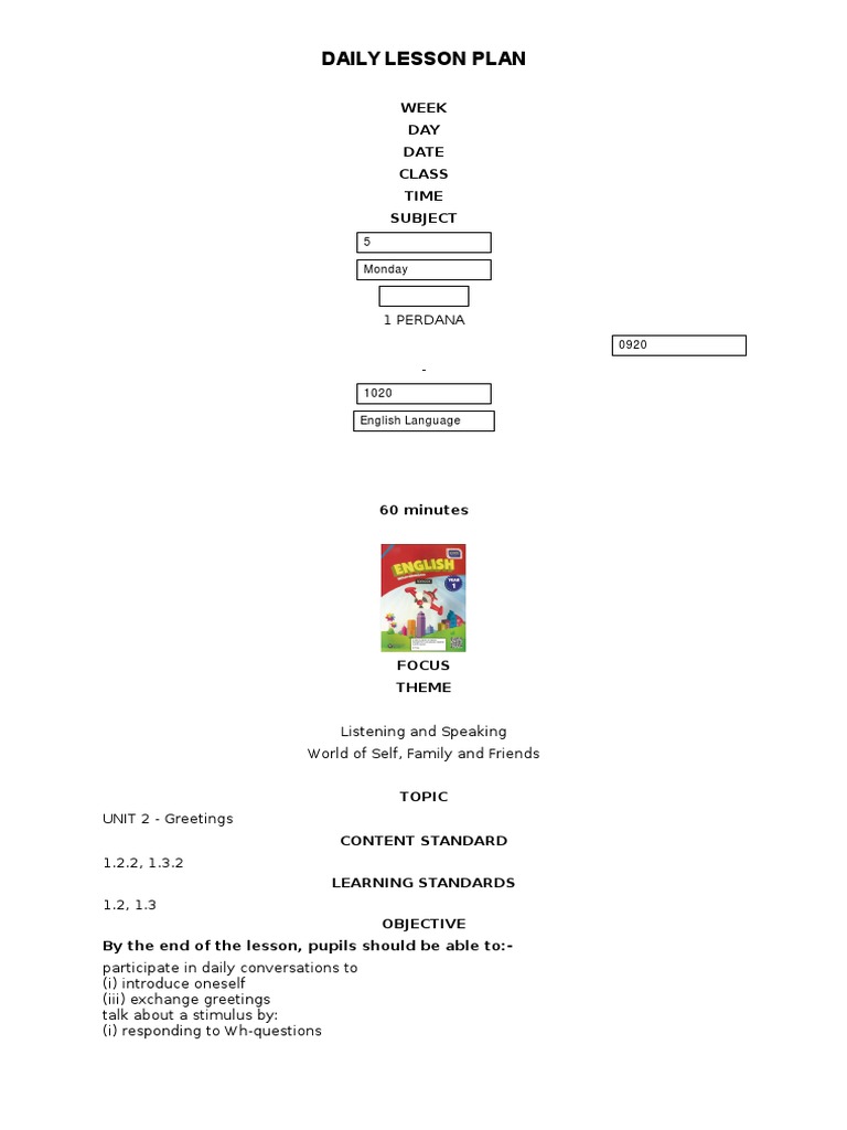 Daily Lesson Plan: Week DAY Date Class Time Subject | PDF | Lesson Plan ...