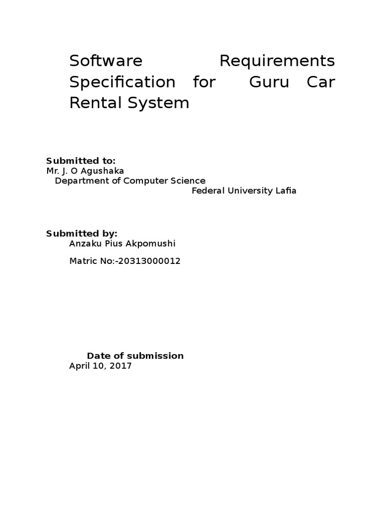 Software Requirements Specification For Guru Car Rental System | PDF ...