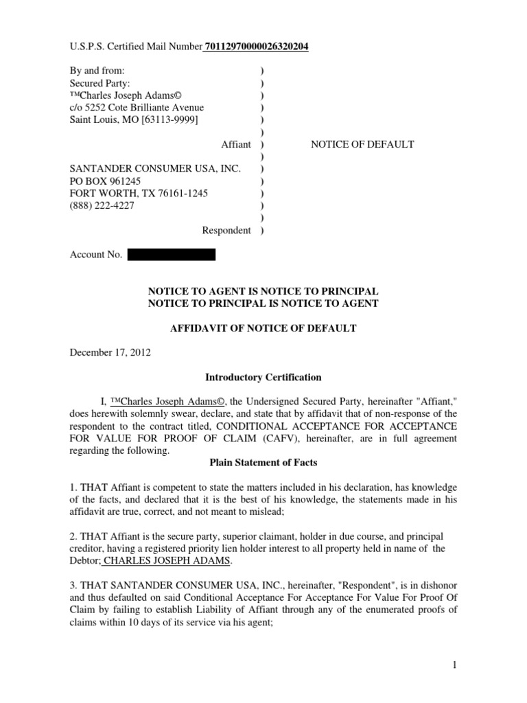 Affidavit and Notice of Default - Sample-A4v | PDF | Affidavit | Common Law