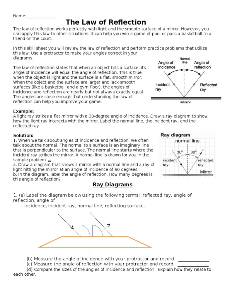 Law of Reflection Assignment | Reflection (Physics) | Mirror