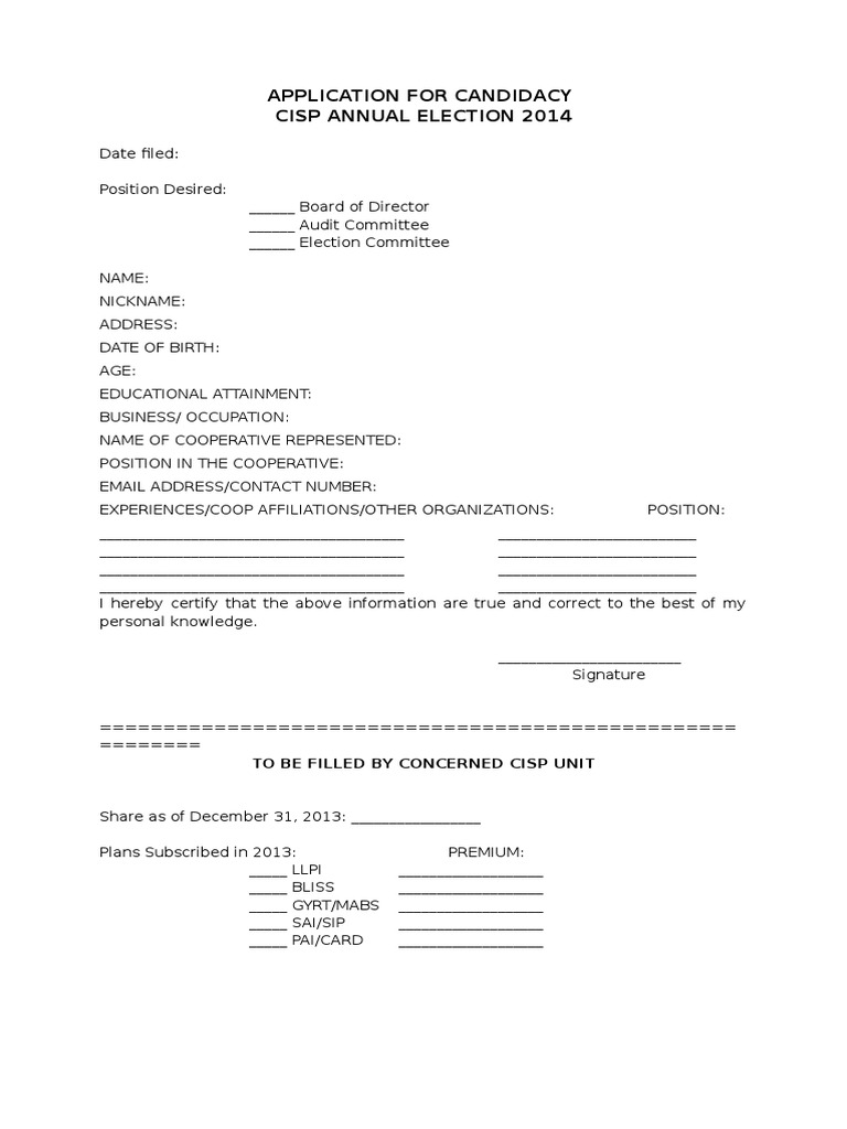 Application For Candidacy Cisp Annual Election 2014: To Be Filled by ...
