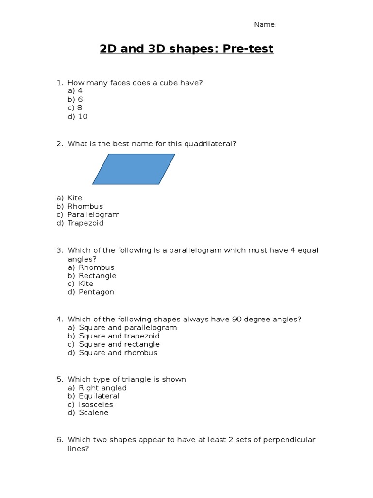 2D and 3D Shapes Pre-Test for Students | PDF