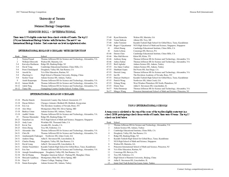 Toronto Biology Competition 2017 International Winners | PDF