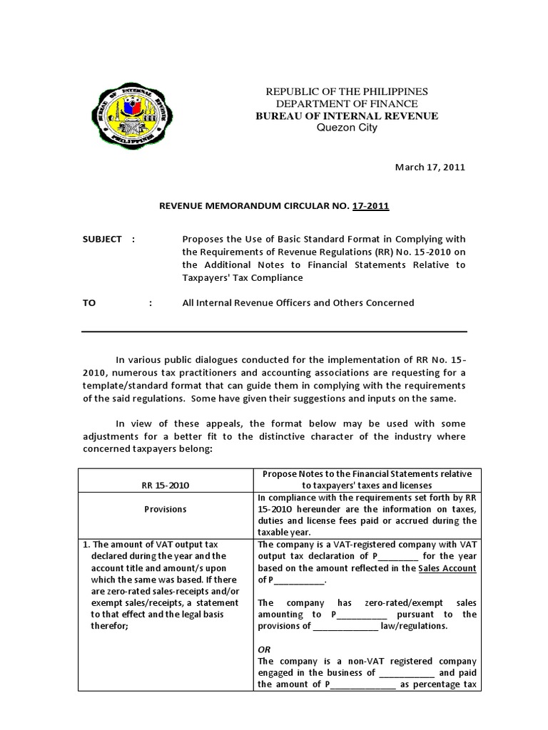 RMC 17 2011 Notes To FS Taxes PDF | PDF | Value Added Tax | Tariff