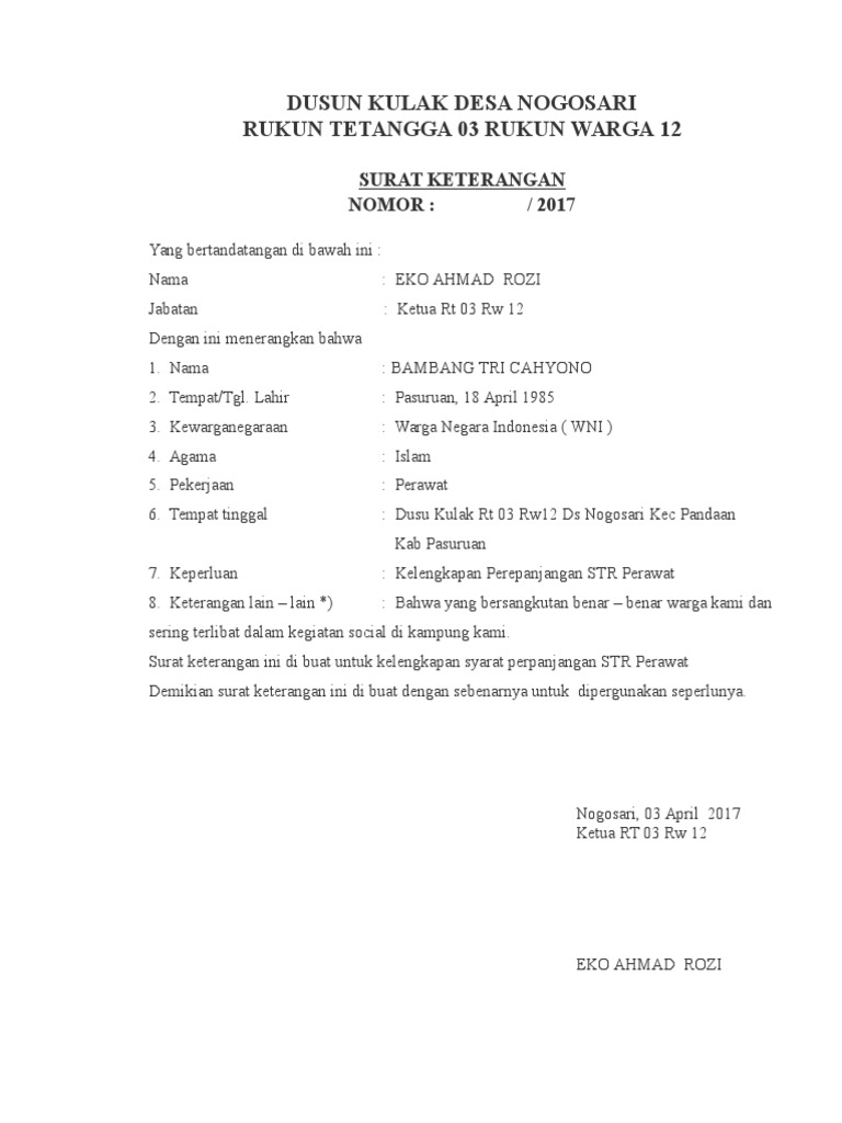 Contoh Surat Keterangan RT | PDF