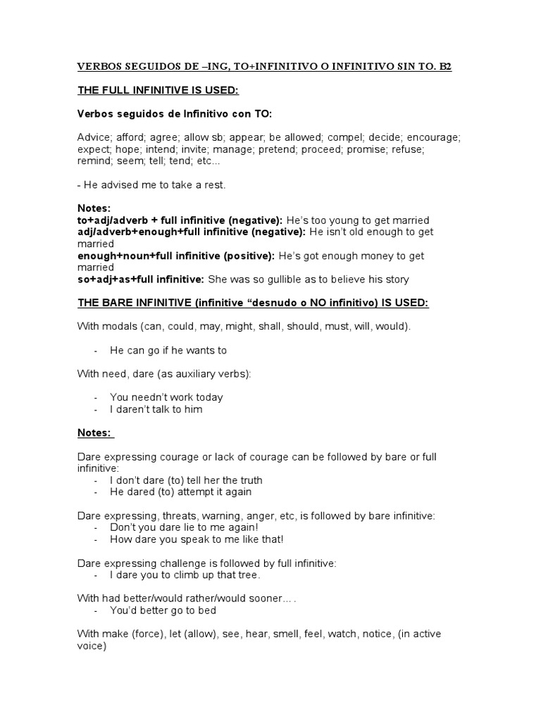 Verbos Seguidos de Ing o To b2 | PDF | Verb | Rules
