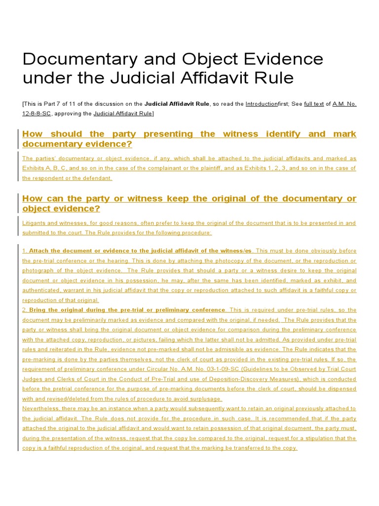 Documentary and Object Evidence Under The Judicial Affidavit Rule | PDF ...