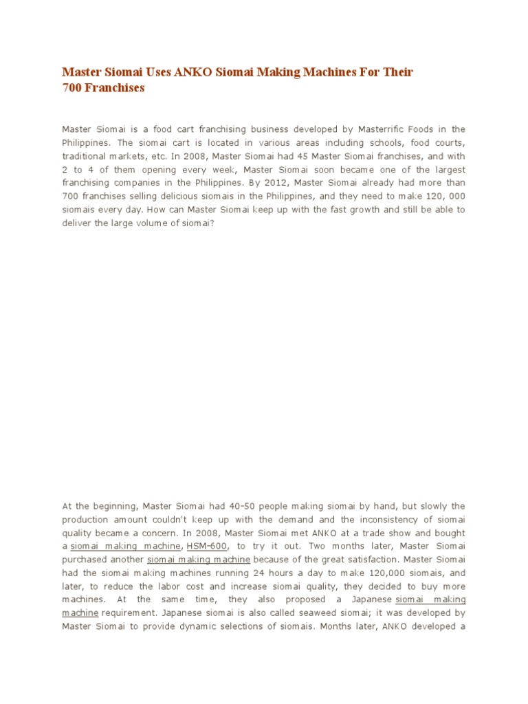 Master Siomai Uses ANKO Siomai Making Machines For Their 700 Franchises ...