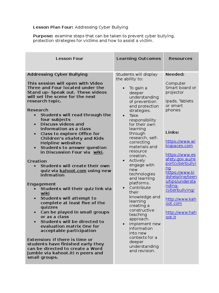 Lesson Plan Four | PDF | Cyberbullying | Lesson Plan