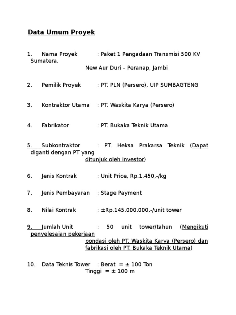 Penawaran Kerjasama Proyek Sutet (Data Umum Dan Teknis) | PDF