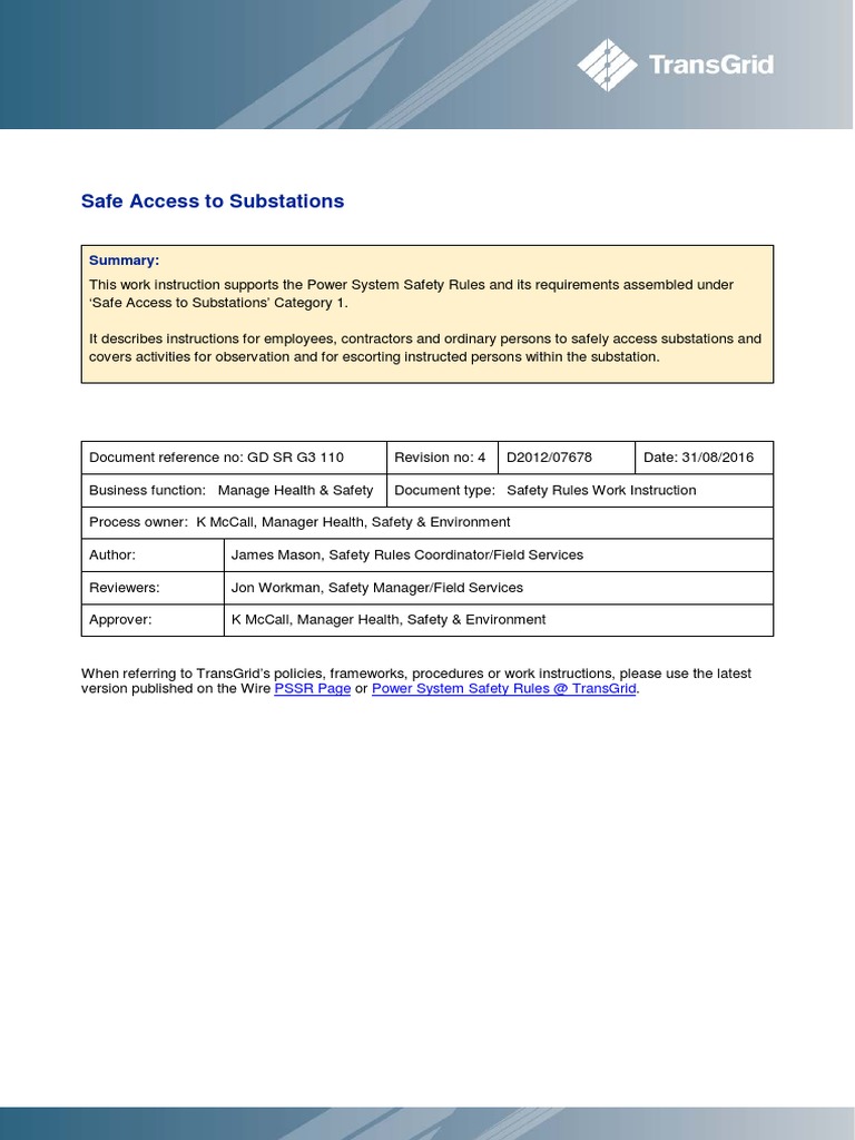 Procedure Safe Access To Substation | PDF | Electrical Substation ...